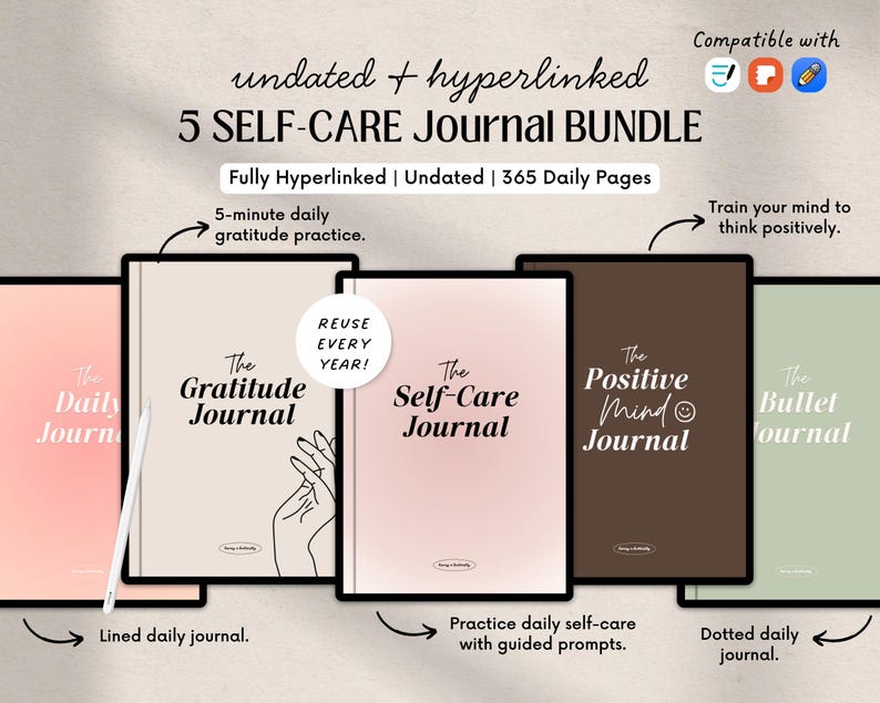 Digital Journal BUNDLE, Gratitude Journal, Self-care Journal, 365 Day ...