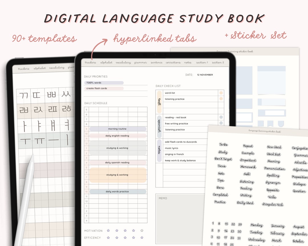Language Learning Digital Planner, Hyperlinked Language Study Notebook ...