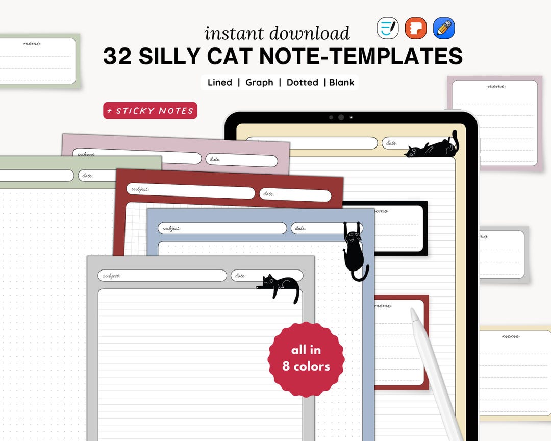 32 Silly Cat Digital Note-taking Templates | Lined, Graph, Dotted ...
