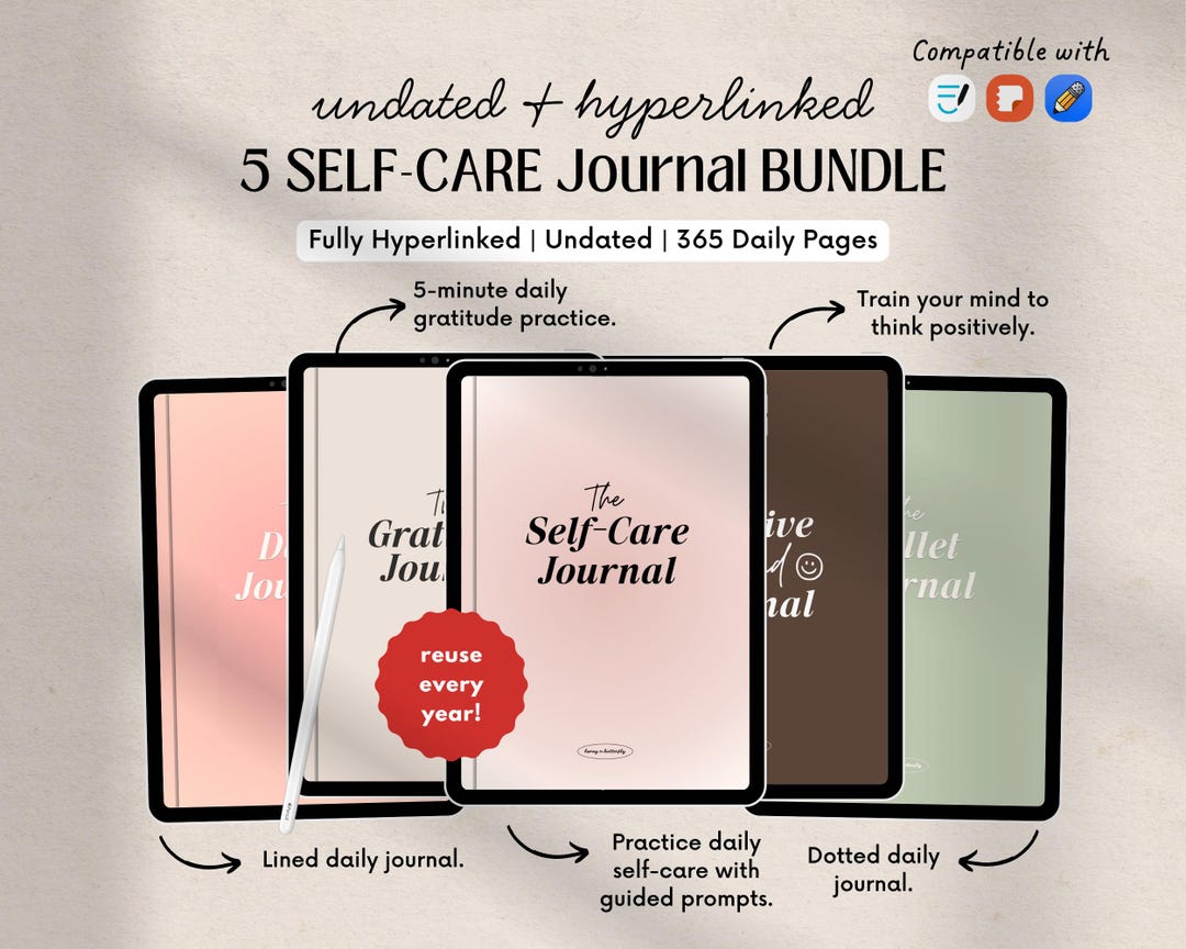Undated Digital Journal BUNDLE, Gratitude Journal, Self Care Journal ...