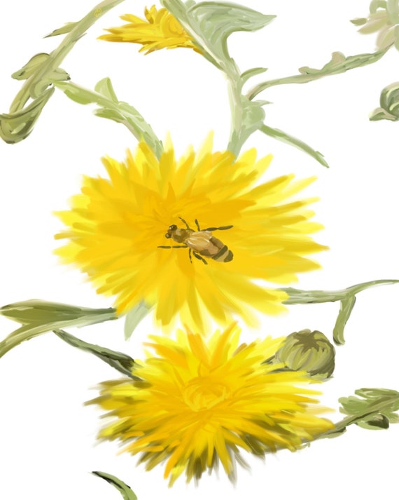 Bee on a Dandelion Digital Painting Printable | Etsy