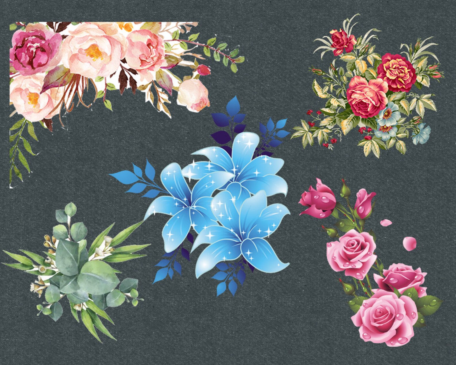 Watercolor Floral Clipart 30 Bright Branches Flowers Leaves Watercolour ...