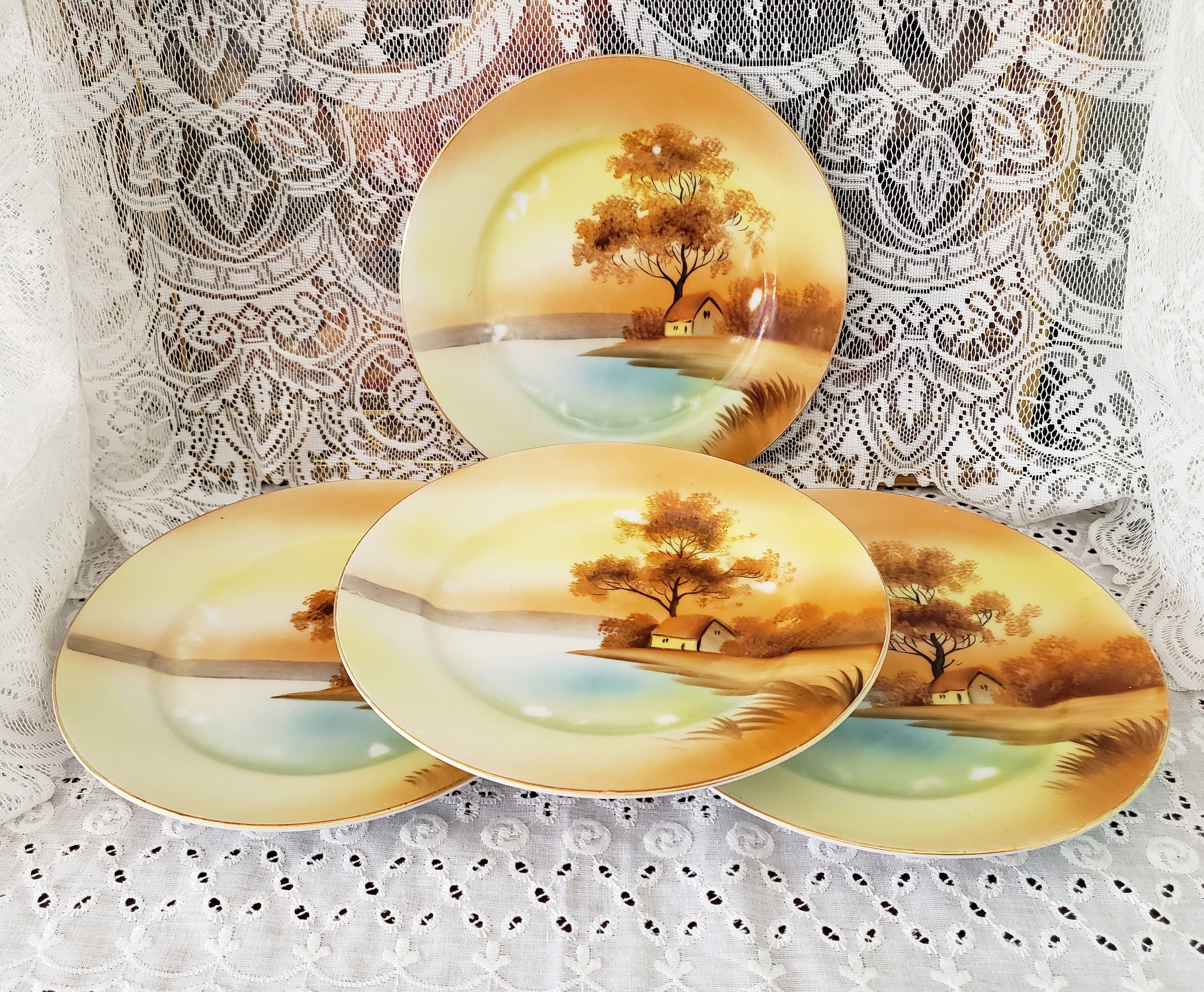 VINTAGE NORITAKE MORIMURA Set of 4 Serving Plates House by the Lake ...