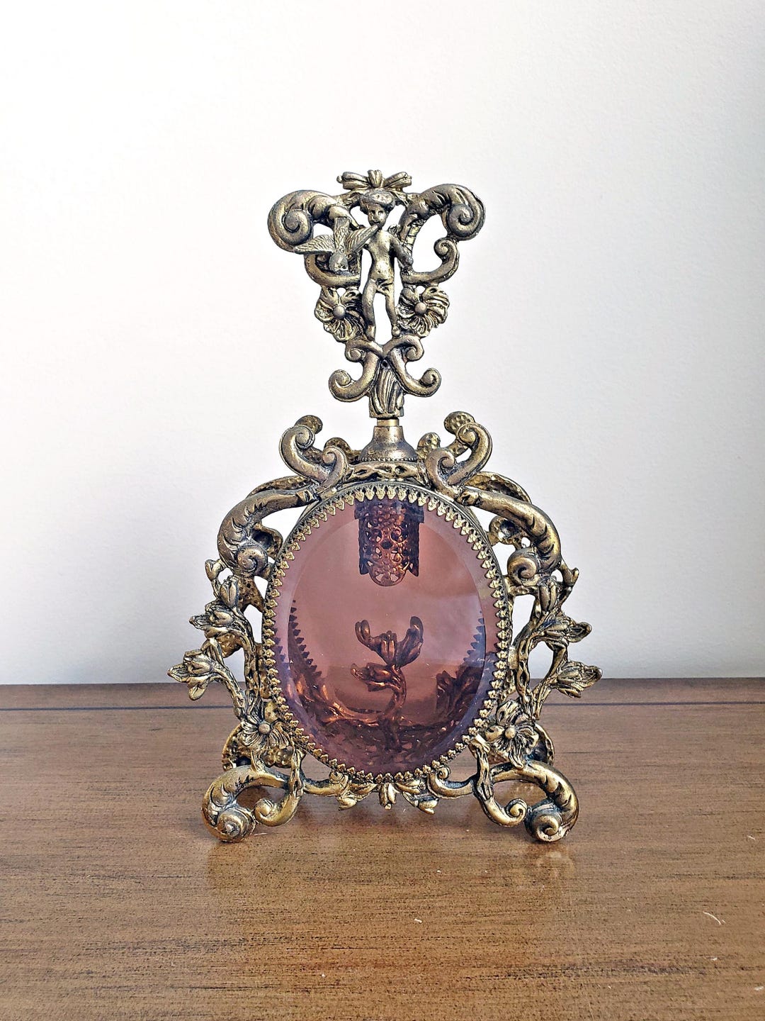 Vintage Ormolu Filigree Large Oval Perfume Bottle With Cherub Dauber ...