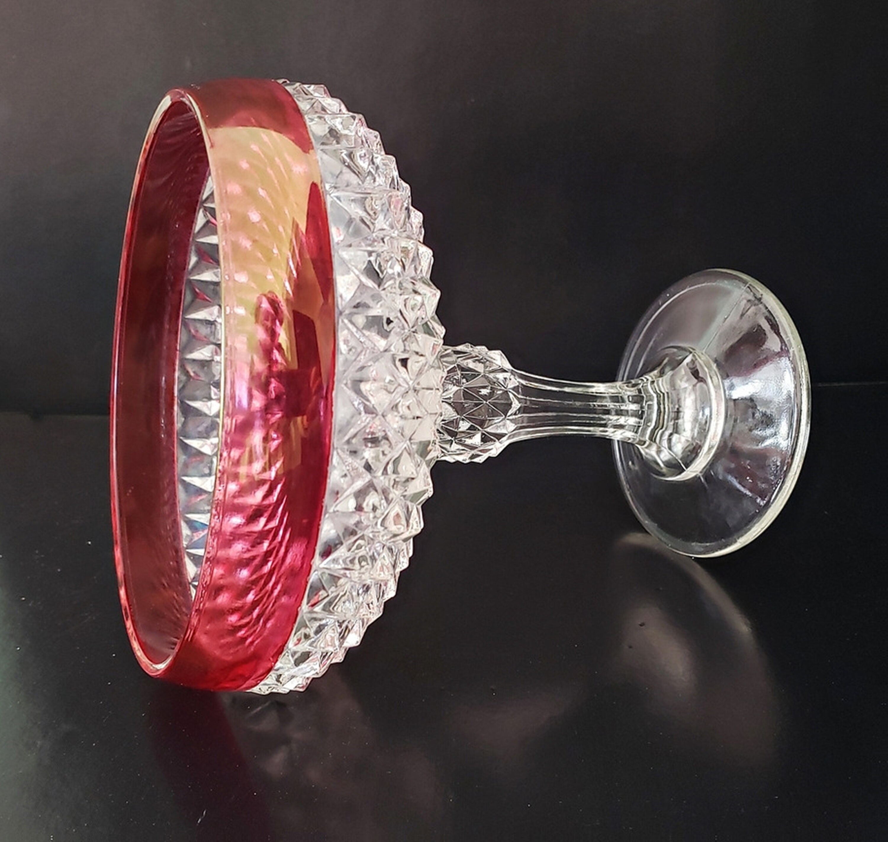 Vintage INDIANA GLASS Candy Dish, Diamond Point and Ruby Band Stemmed ...