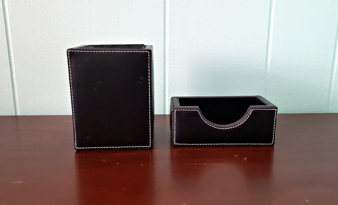 Vintage LEVENGER Black Leather Business Card Holder and Pen Cup, Desk ...