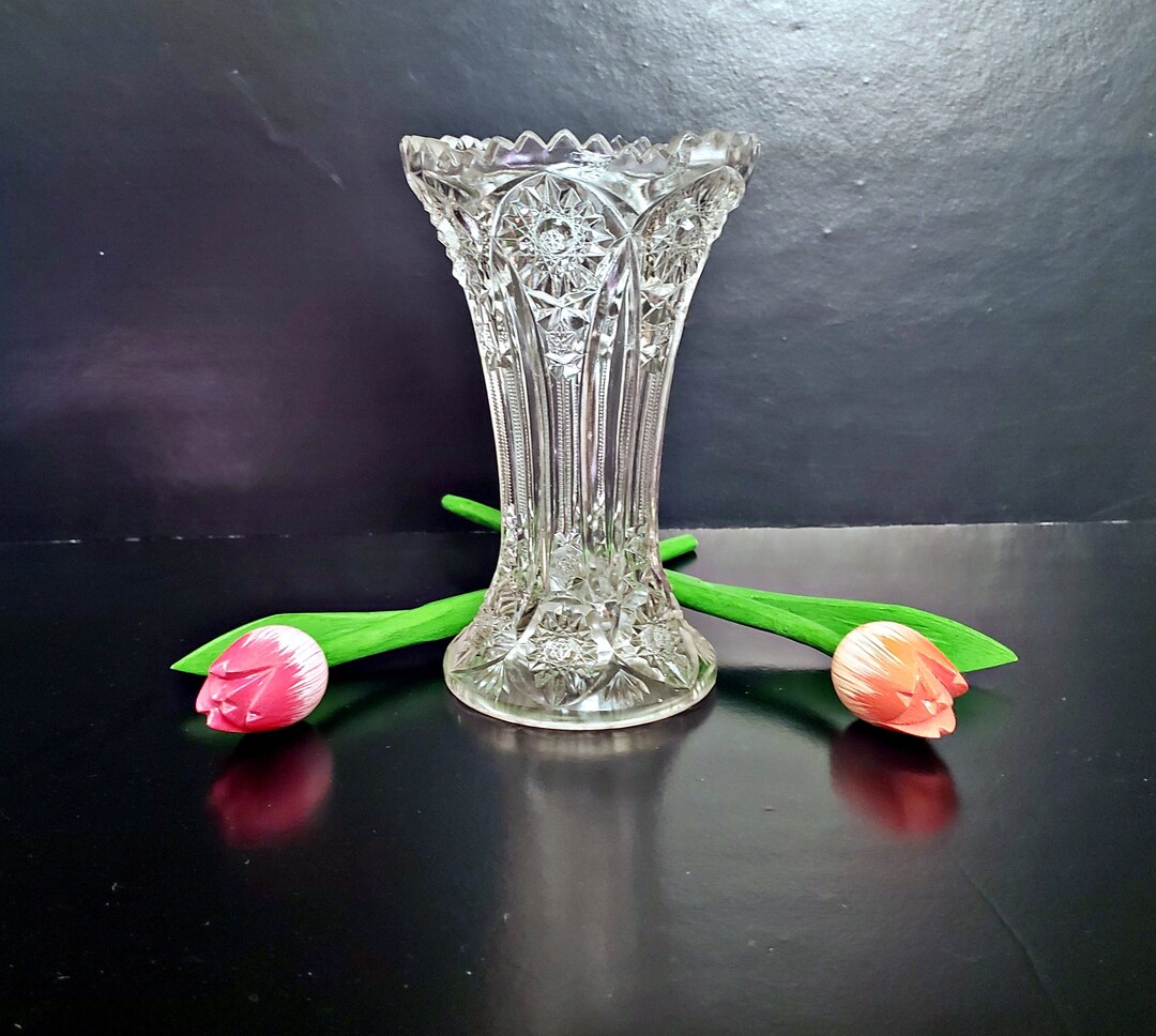 ANTIQUE EAPG 6" Flower Vase by HEISEY in Beaded Panel Sunburst Pattern ...