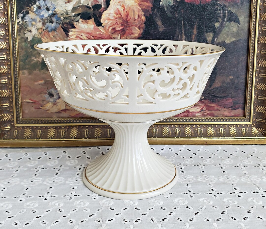 Vintage Lenox Tracery Pedestal Bowl: Pierced Porcelain With Gold Trim ...