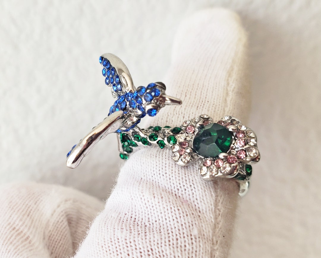 Hummingbird and Flower Ring, Costume Jewelry, Silver-plated Alloy With ...