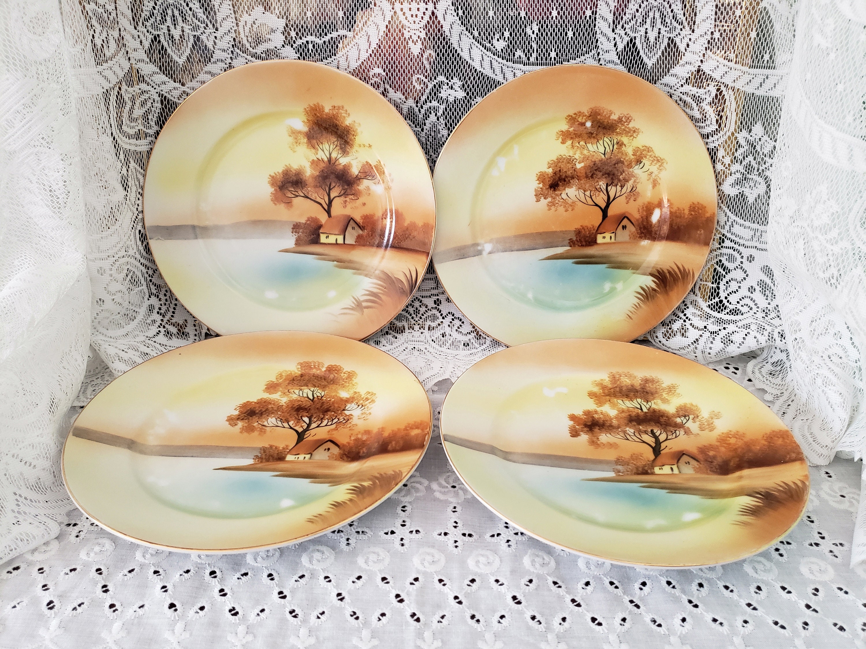 VINTAGE NORITAKE MORIMURA Set of 4 Serving Plates House by the Lake ...