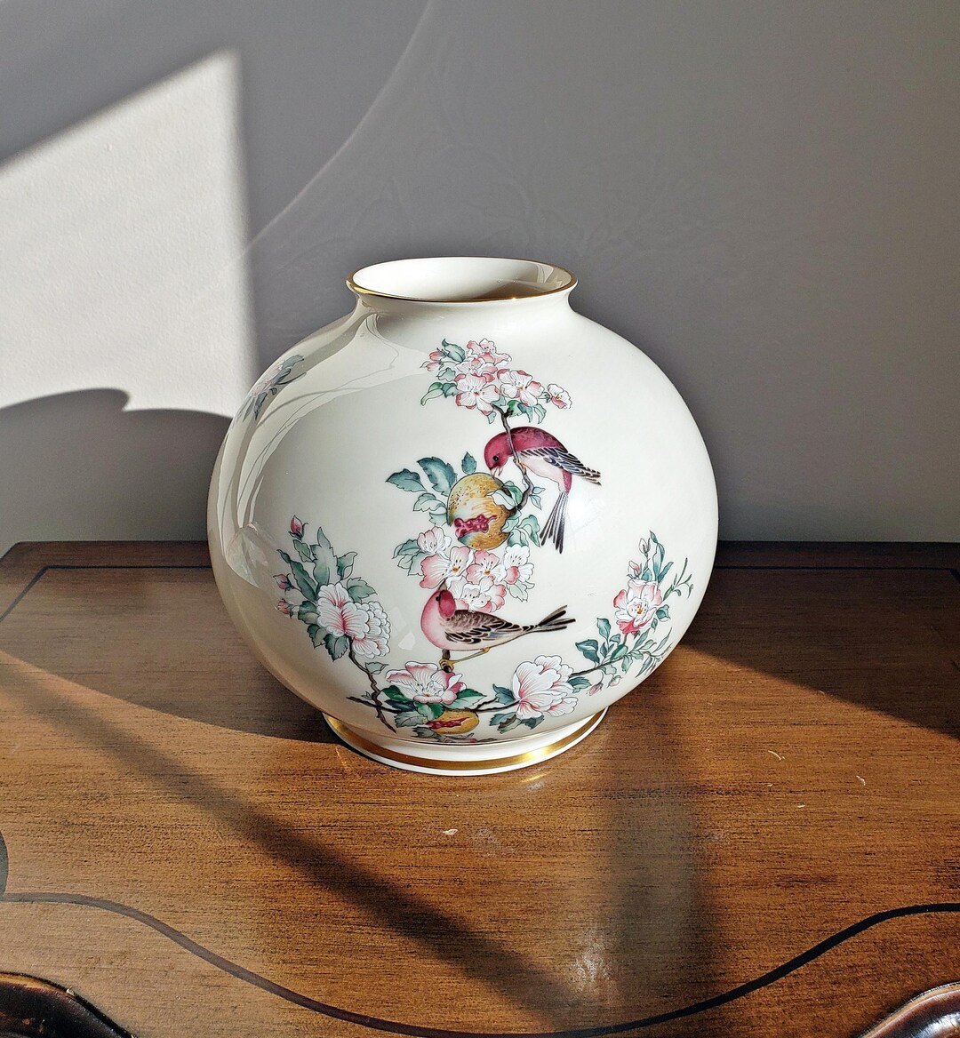 LENOX Serenade Collection Flower Vase - Vintage Lenox Glob-shaped Vase With Birds and Tree ...