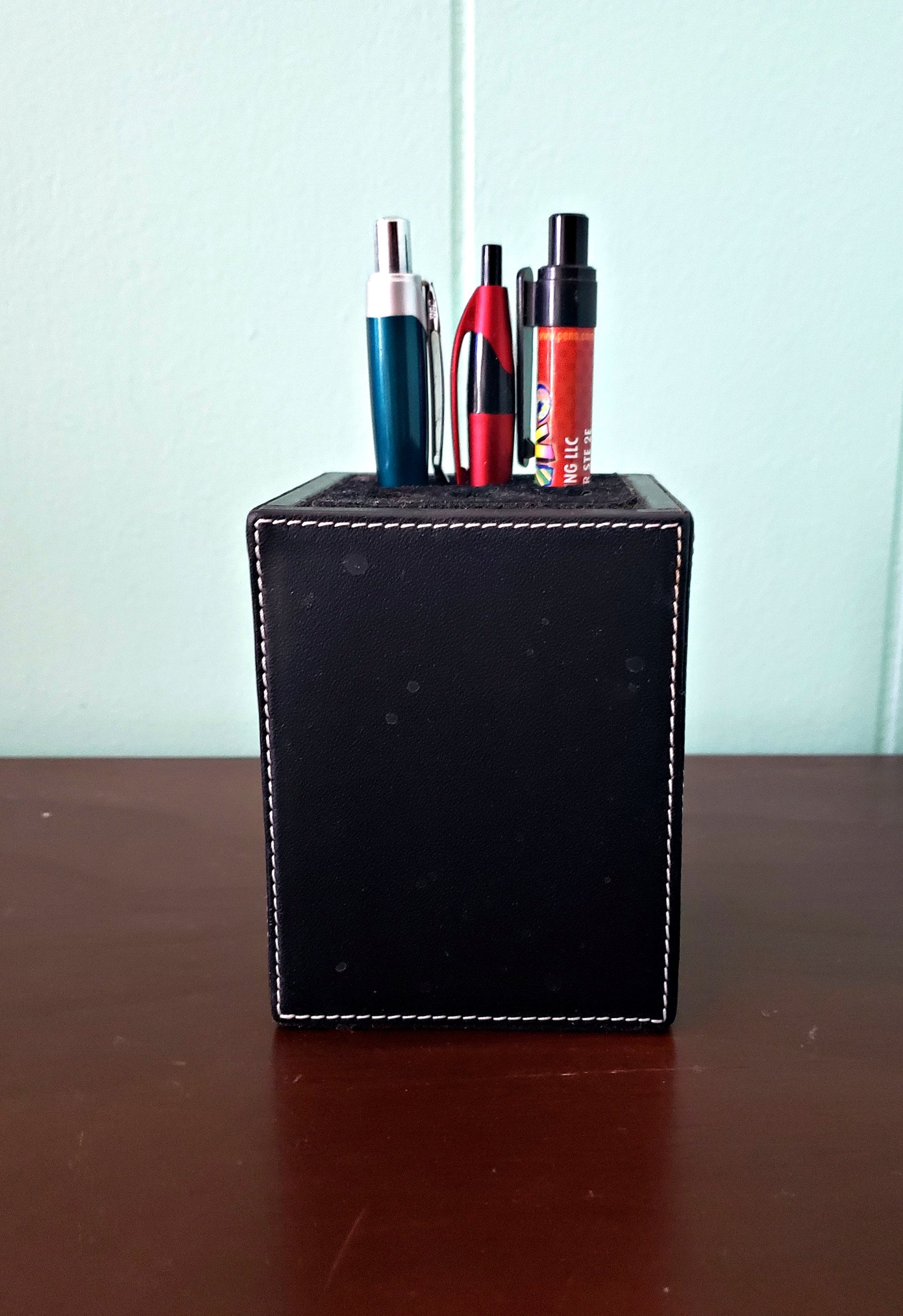 Vintage LEVENGER Black Leather Business Card Holder and Pen Cup, Desk ...