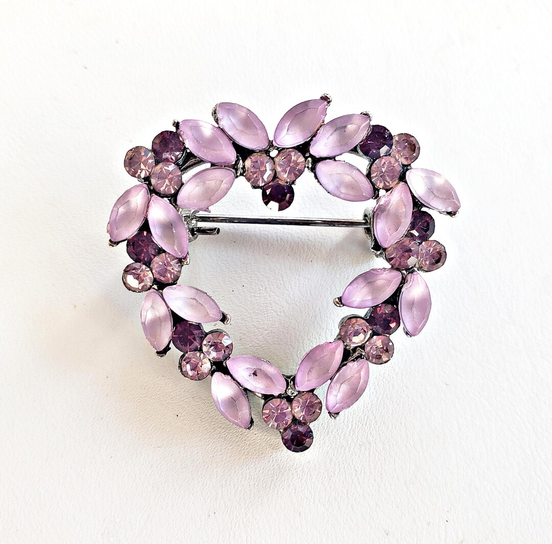 Vintage Pink Rhinestone Wreath Brooch | Mid Century Lavender Navette ...
