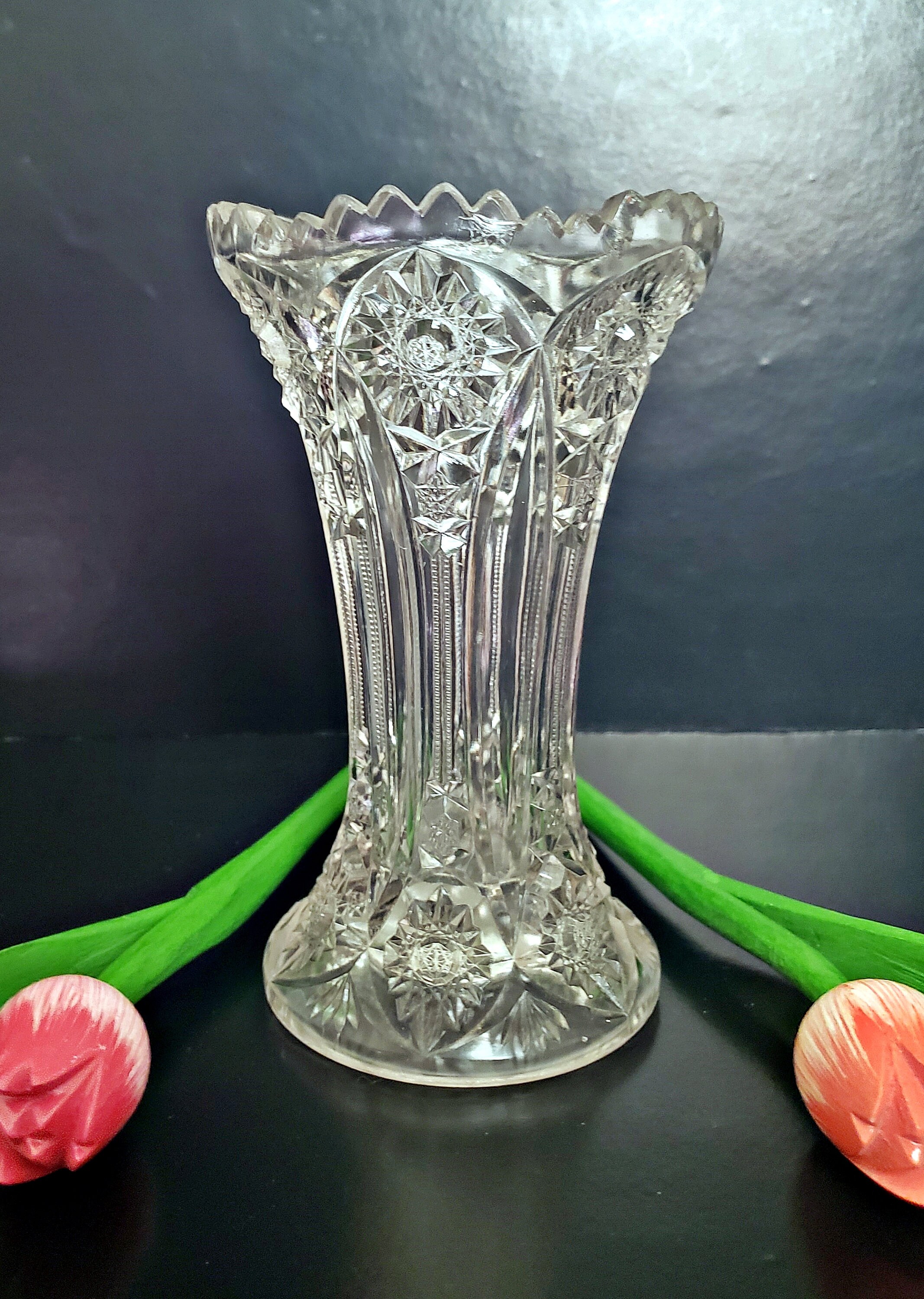 ANTIQUE EAPG, 6 Flower Vase by HEISEY in Beaded Panel Sunburst Pattern ...