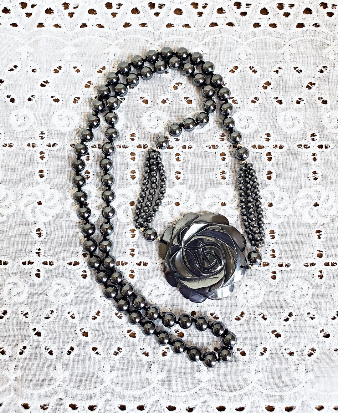 Hematite Beaded Necklace With Carved Rose Flower Pendant, Spiritual ...