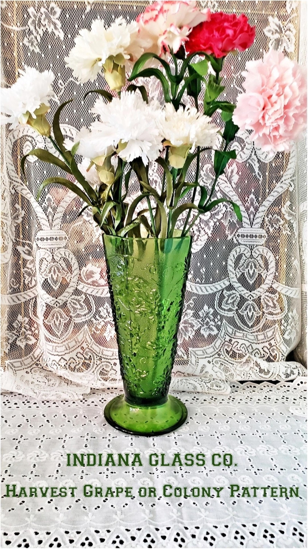 Vintage Indiana Glass Vase: Harvest Green Colony Pattern, 9.5 ...