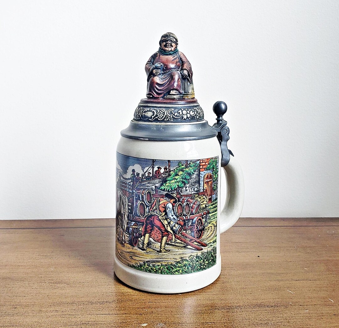 Vintage Ceramic Beer Stein With Pewter Lid and Drinking Monk Figurine ...