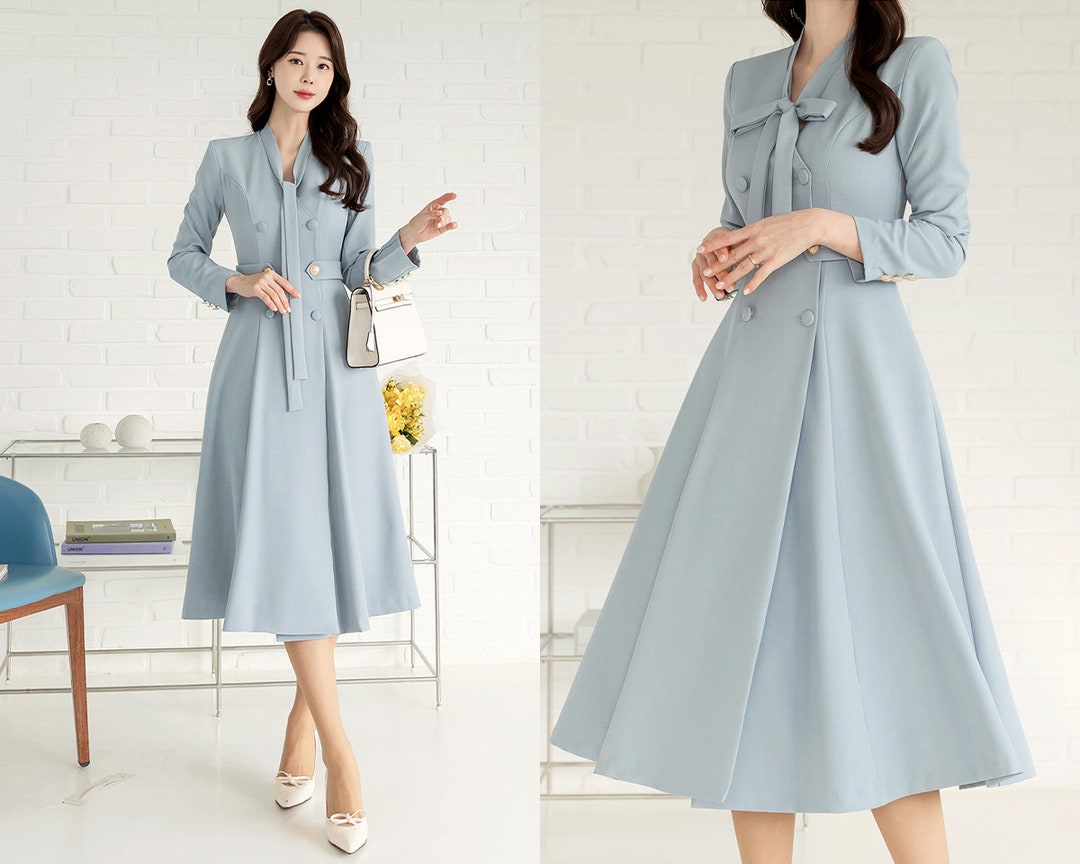 Formal Tie Neck Midi Flared Dress Korean Style Wedding Guest Dress ...