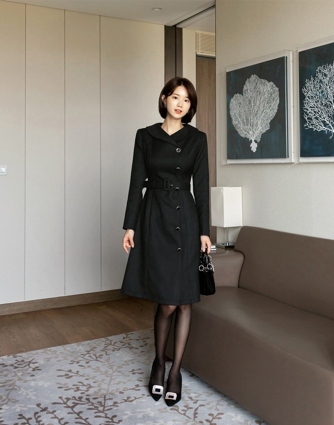 Elegant Long Sleeve Black Tweed Dress Korean Style Formal Party Dress ...