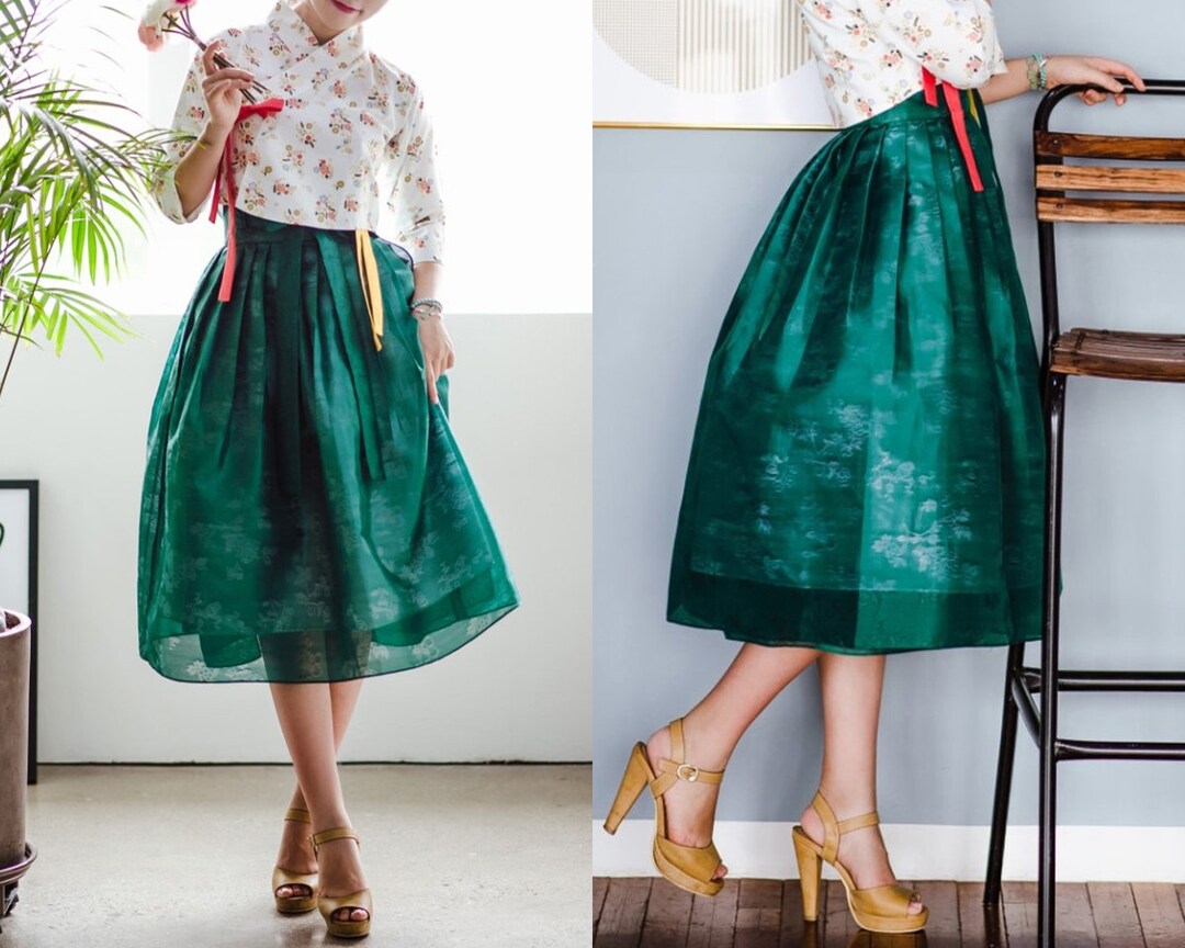 Handmade Modern Hanbok Glossy Floral Wrap Midi Full Skirt Korean ...