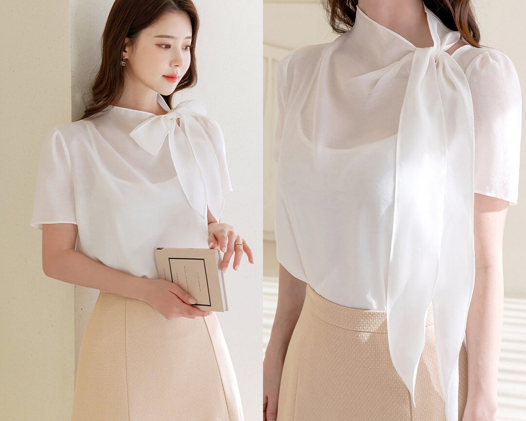 Elegant See Through Ribbon Tie Short Sleeve Sheer Blouse Korean Style ...