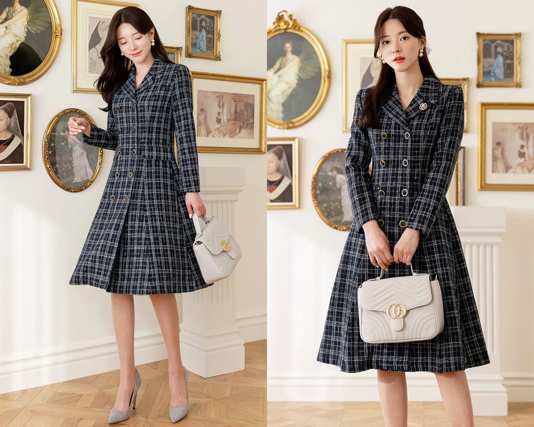 Formal Double Breasted Tweed Midi Dress Korean Style Wedding Guest ...