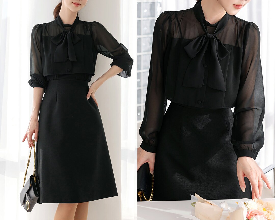 Elegant Black See Through Ribbon Tie Blouse Korean Style Women's Formal ...