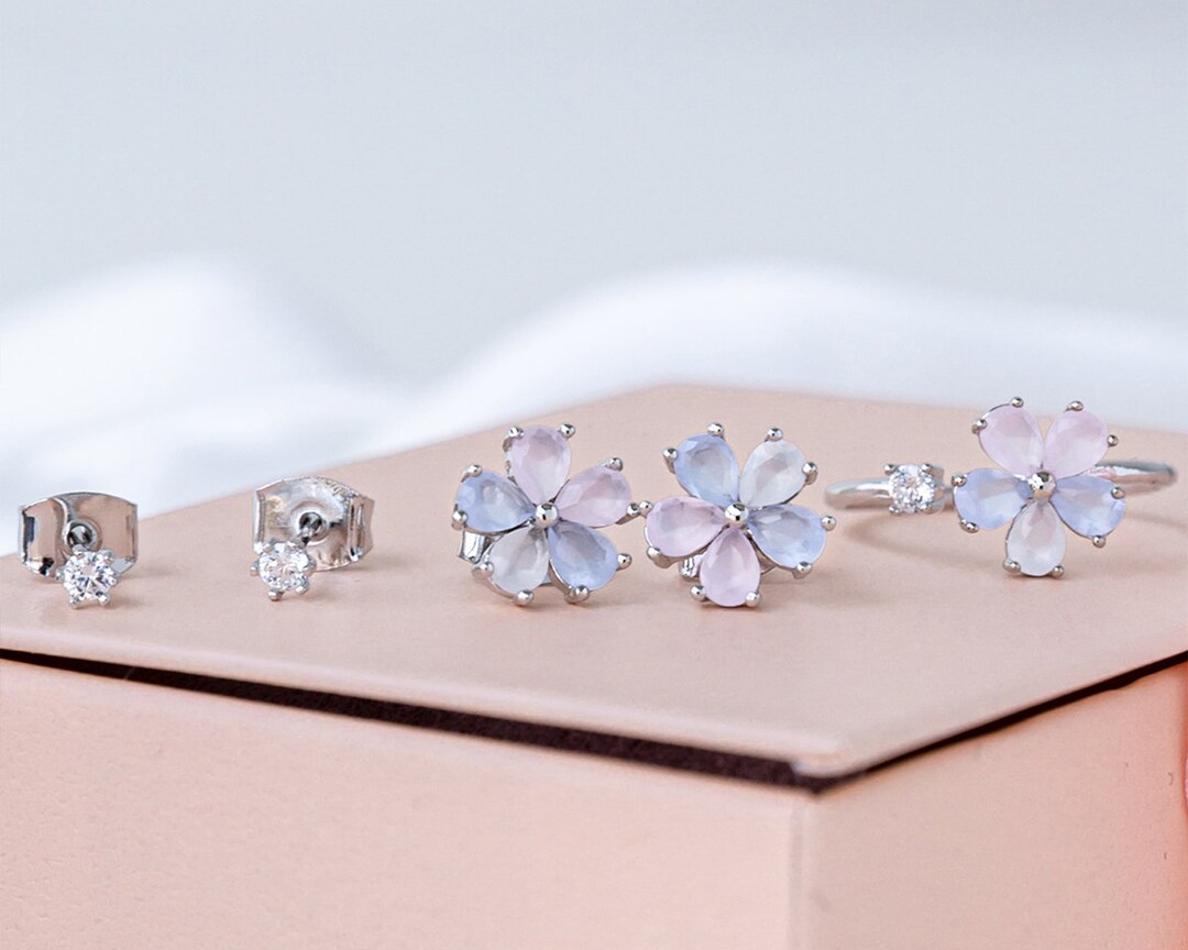 Elegant Small Flower Cubic Stone Rings and Earrings Set - Etsy