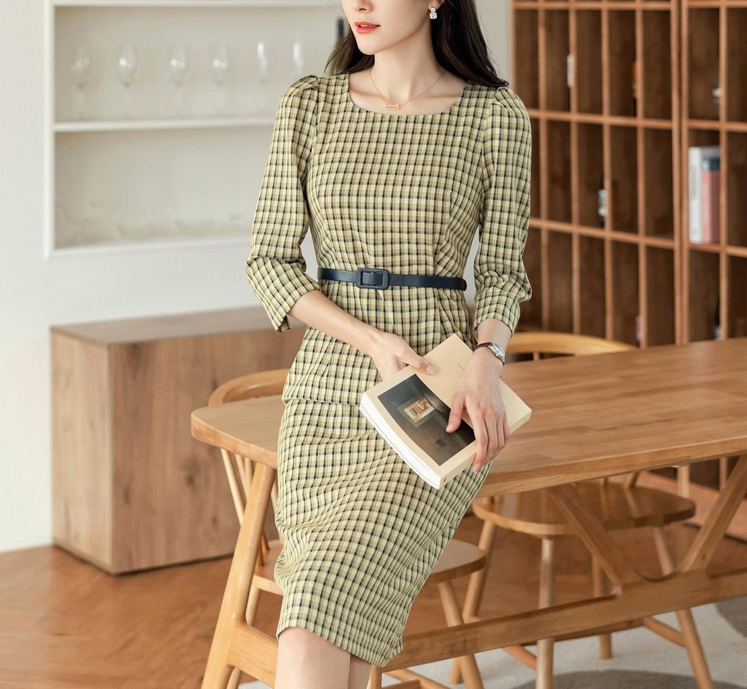 Elegant Formal Check Midi Dress Korean Style Autumn Dress - Etsy