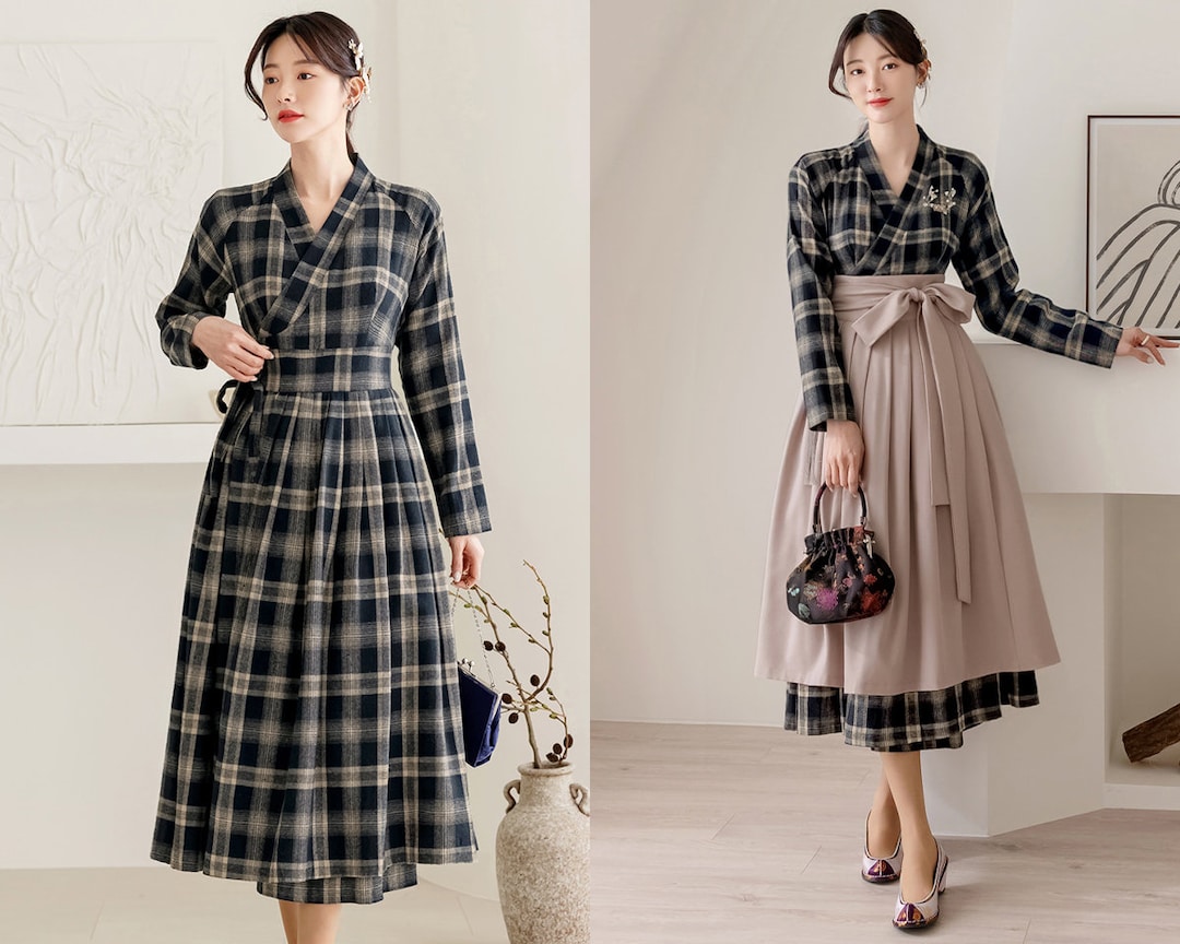 Check Pattern Pleated Modern Hanbok Wrap Midi Dress Korean Modern ...