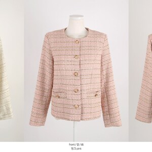 Round Neckline Ivory Pink Tweed Jacket for Women Korean Style Women's ...