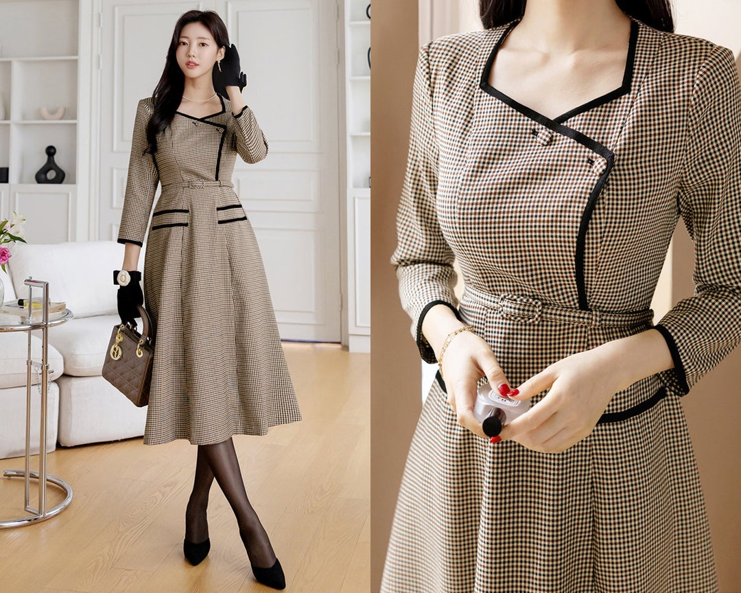 Checkered Plus Size Formal Flared Dress Korean Style Wedding - Etsy