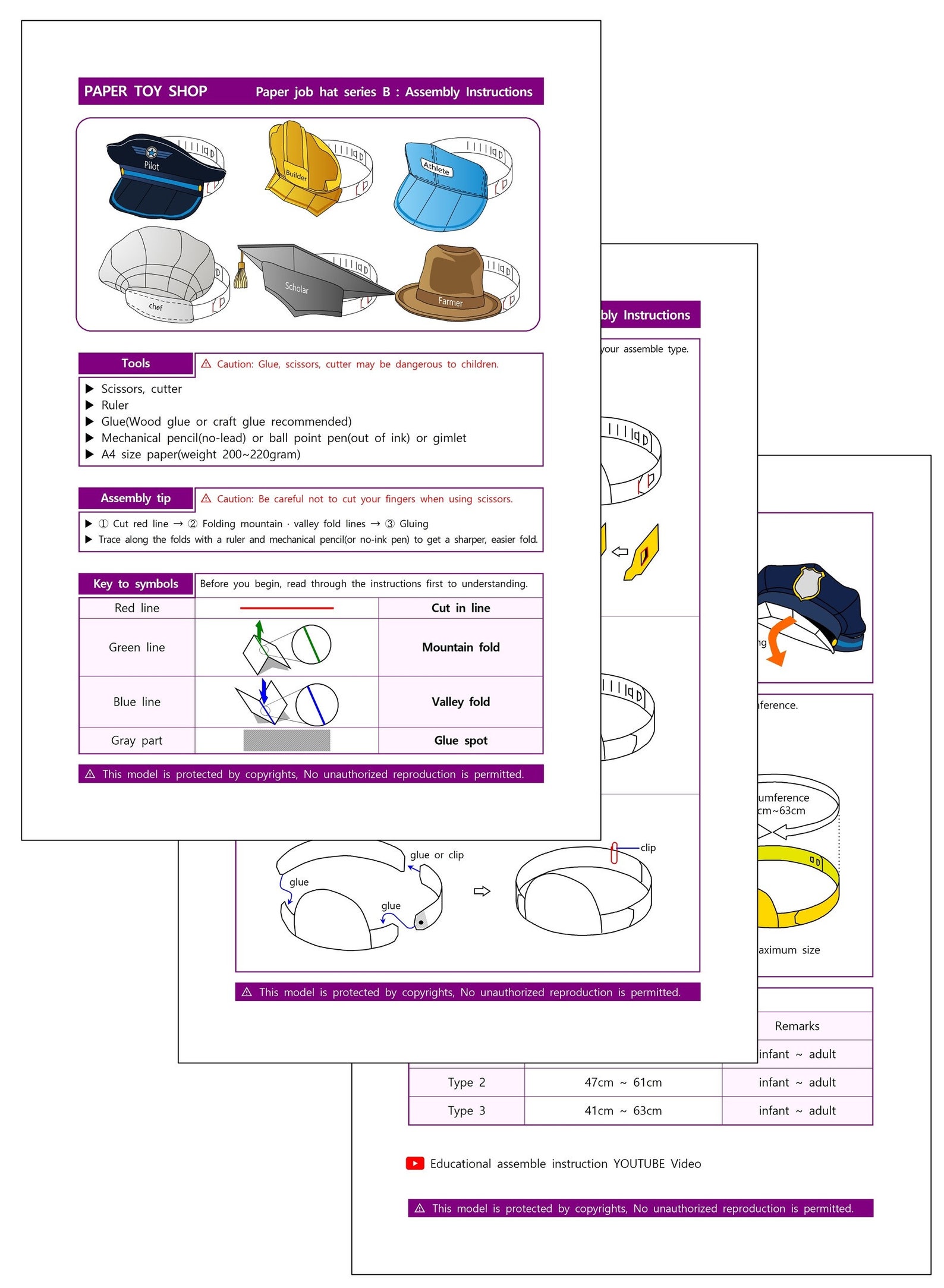 Paper Job Hat Series B, X6 Hats Set, Job Headband, Job Cap, Pilot Cap ...