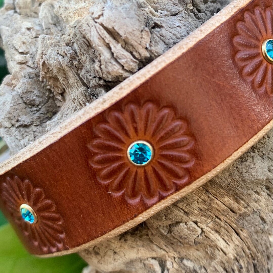 Leather Dog Collar, Brown Collar With Daisies, Sparkly Dog Collar ...