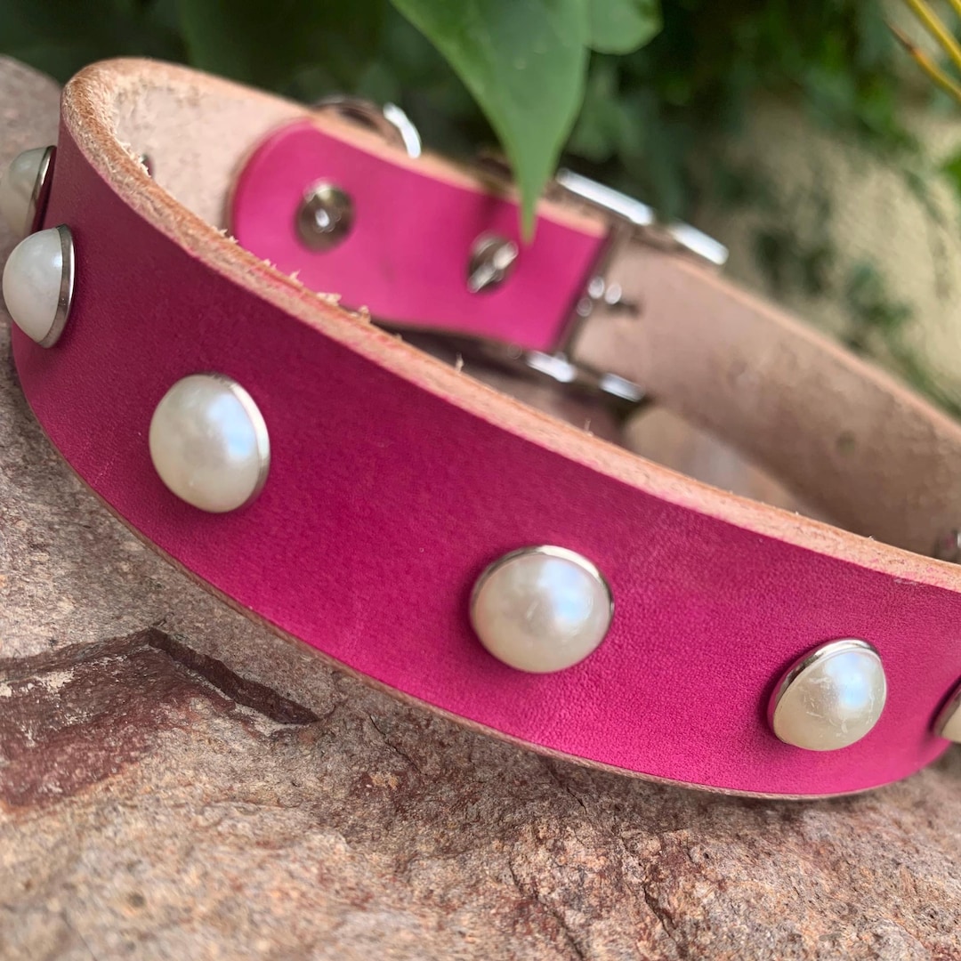 Leather Dog Collar Pink, Pearl Dog Collar, Collar With Stones, Sparkly ...