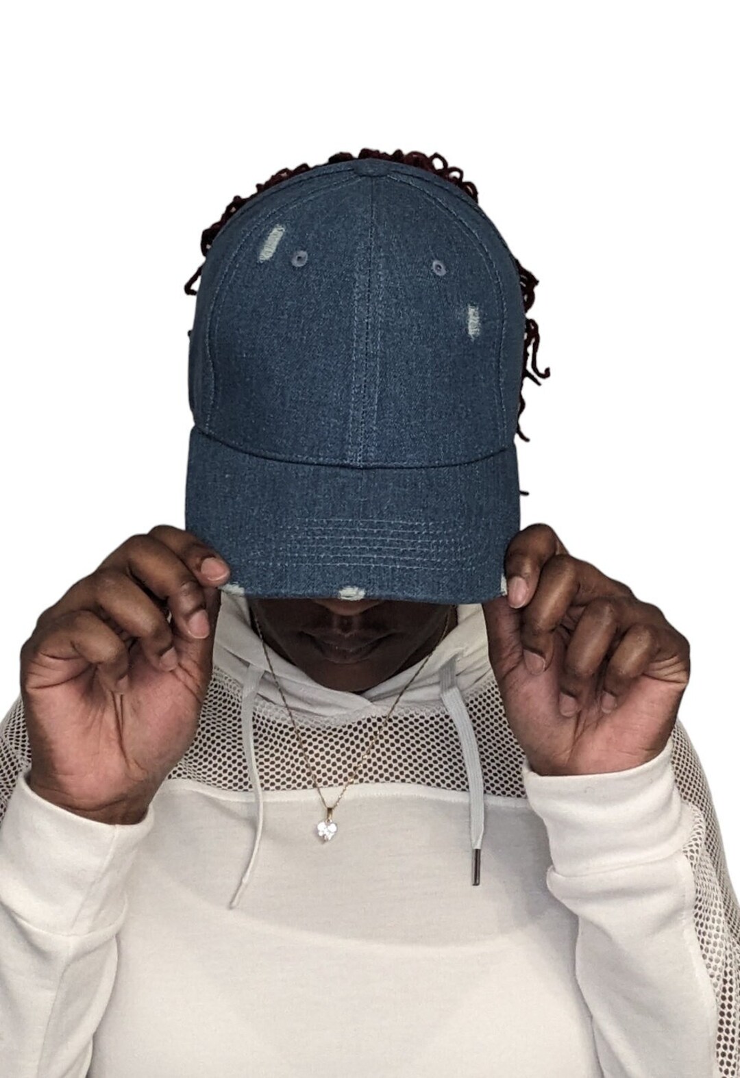 Light Denim Distressed Backless Satin Lined Adjustable Baseball Cap Hat ...