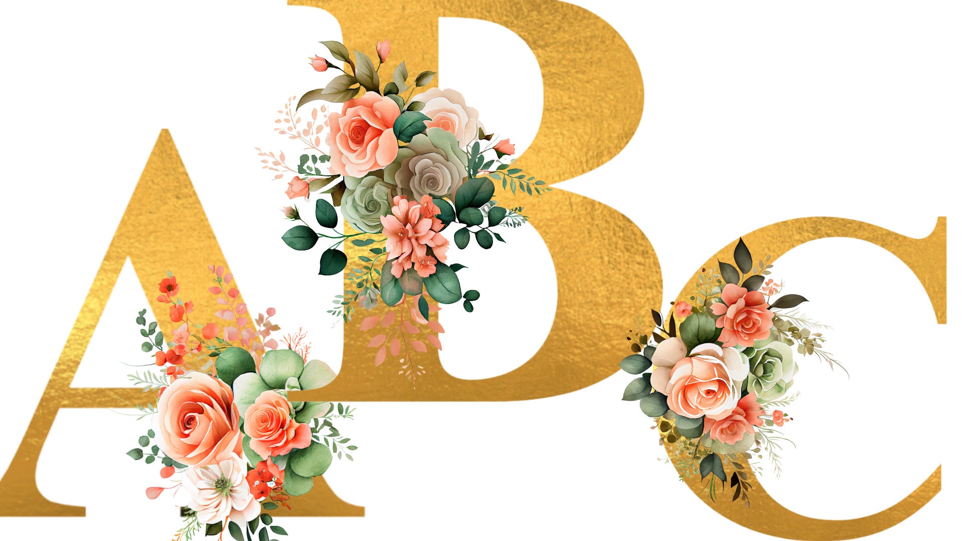 Floral Alphabet Monogram, Black Gold Sage Orange Flower Monogram ...
