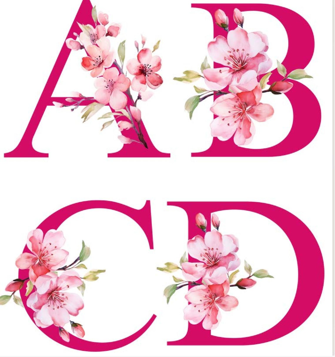 Hot Pink Floral Alphabet Watercolor Monogram in PNG Format, 26 Floral ...