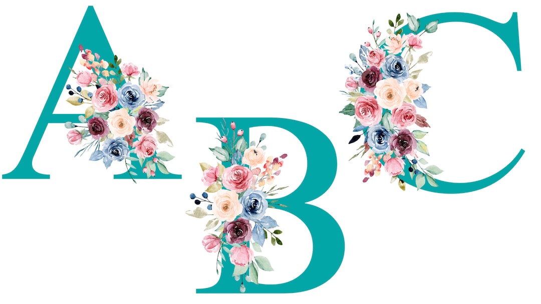 Teal Floral Alphabet Flower Monogram Letters, PNG Download Sublimation ...
