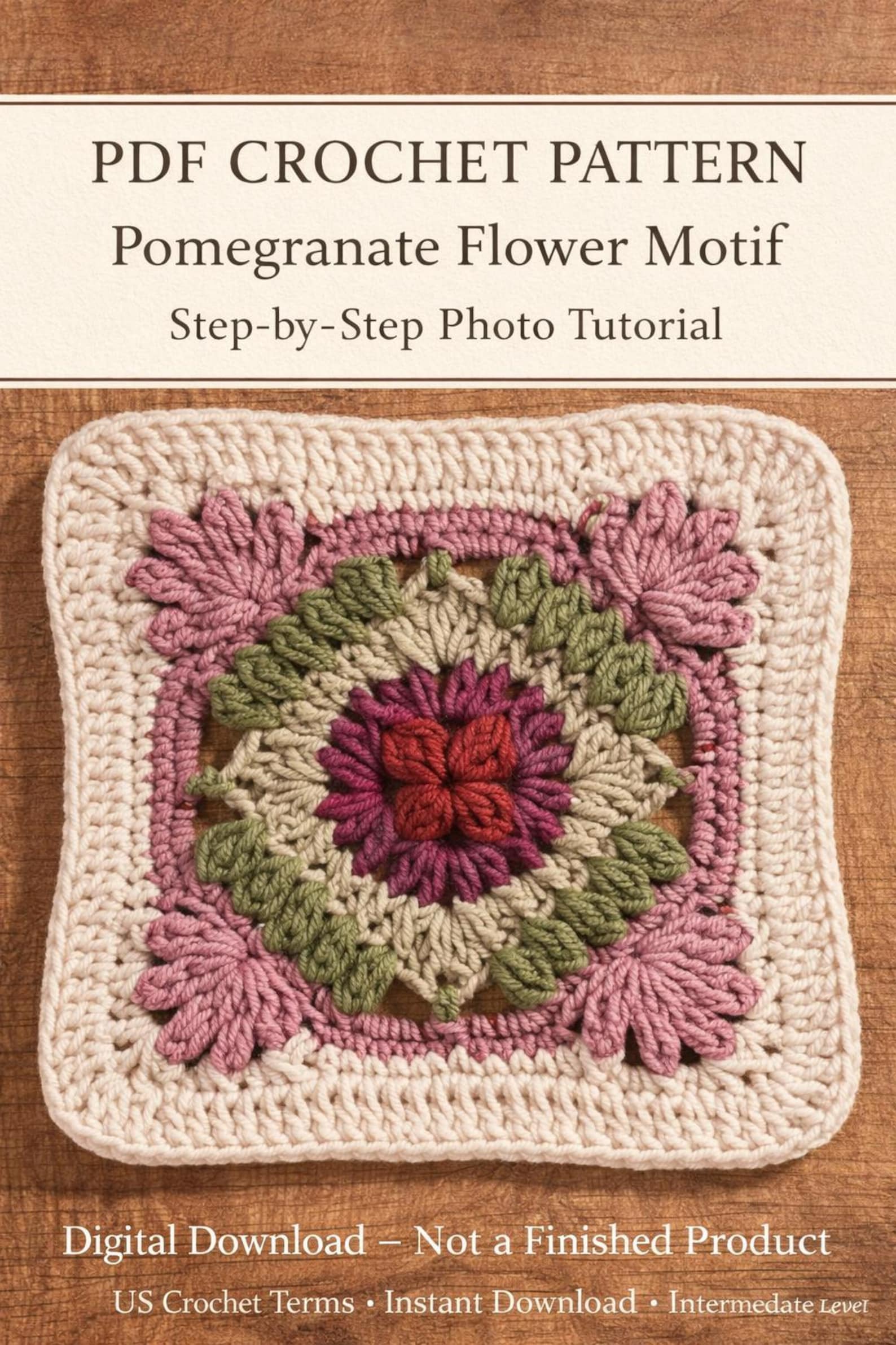 Pomegranate Flower Crochet Pattern PDF, Granny Square Motif, Step by ...
