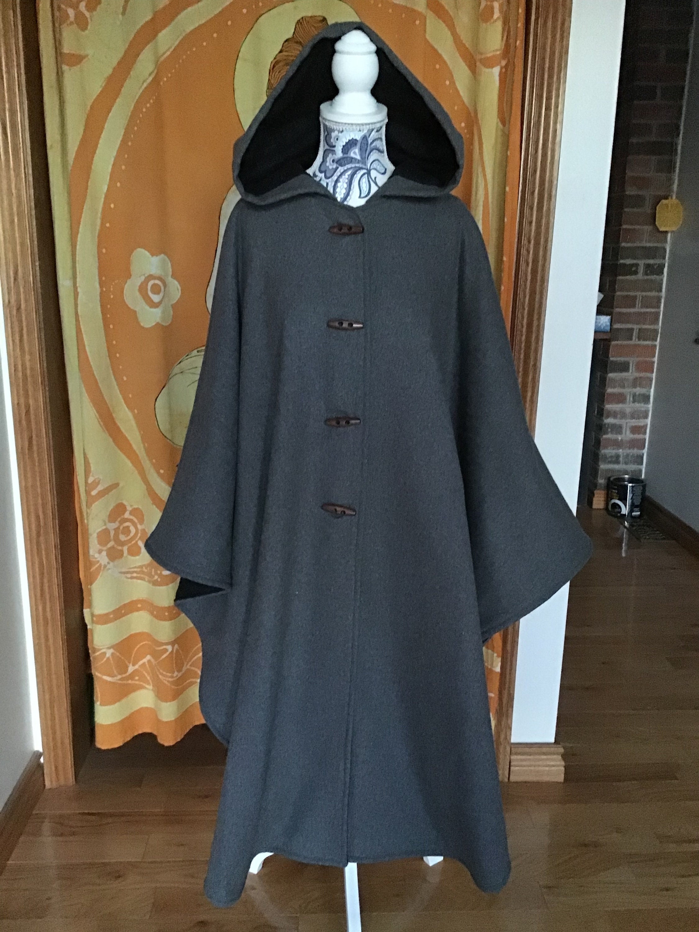 Handmade Long Wool Blend Lined Hooded Green Cape/cloak With