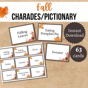 Fall Charades, Printable Autumn Pictionary Cards, Easy Fall Time Party ...
