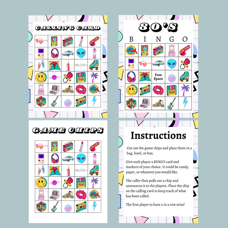 80's Bingo Cards, 1980's Themed Party Game for Kids, Teens, and Adults ...