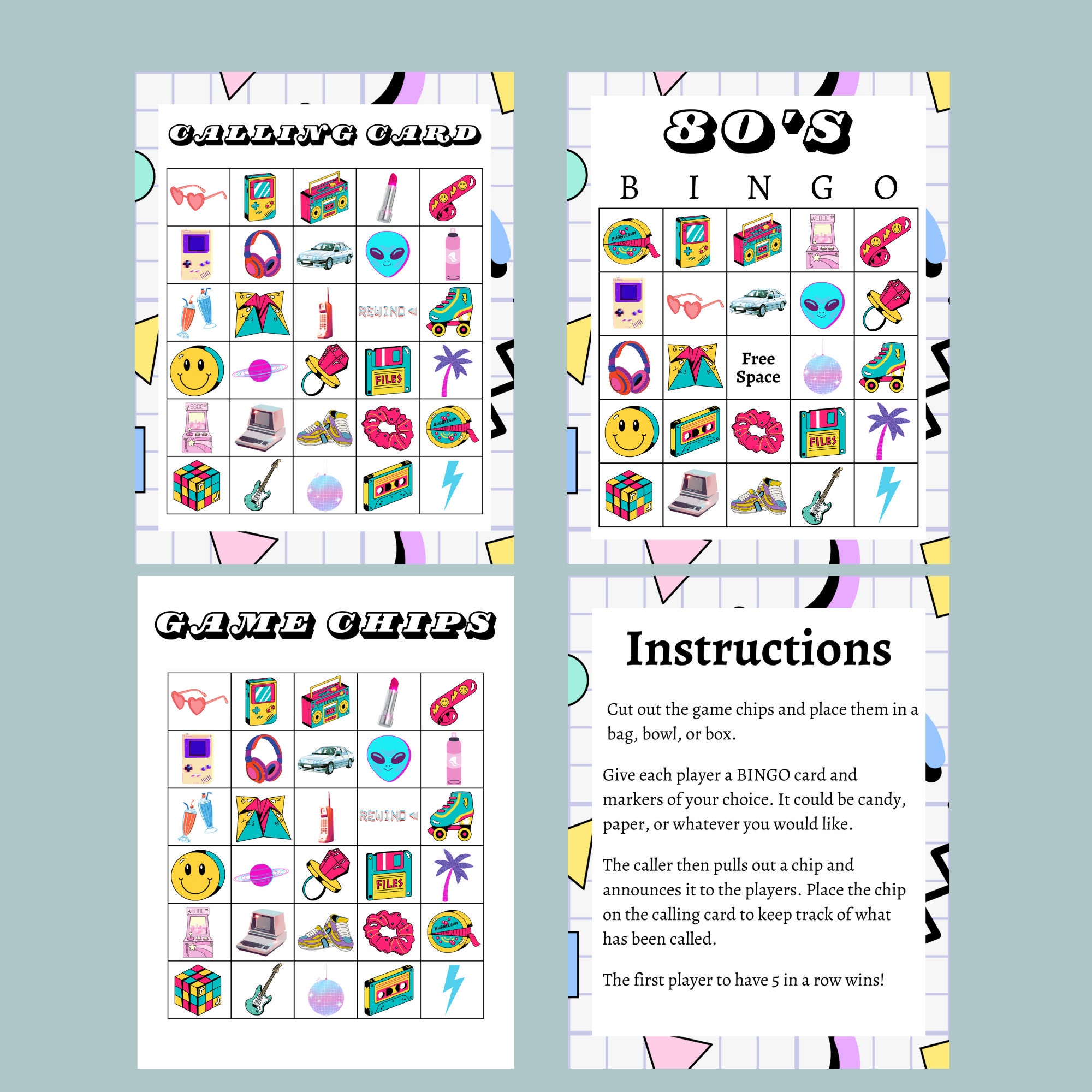 80's Bingo Cards, 1980's Themed Party Game for Kids, Teens, and Adults ...