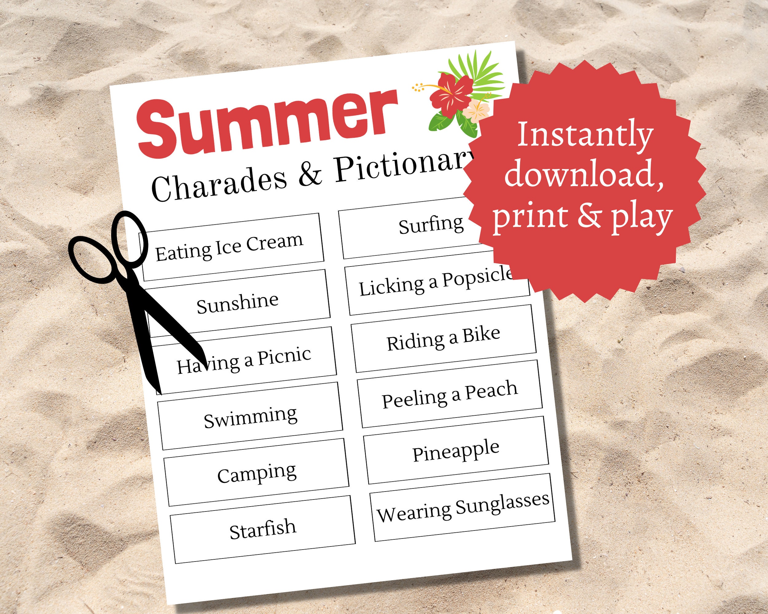 Summer Charades and Pictionary Cards, Printable Summer Game for Kids ...
