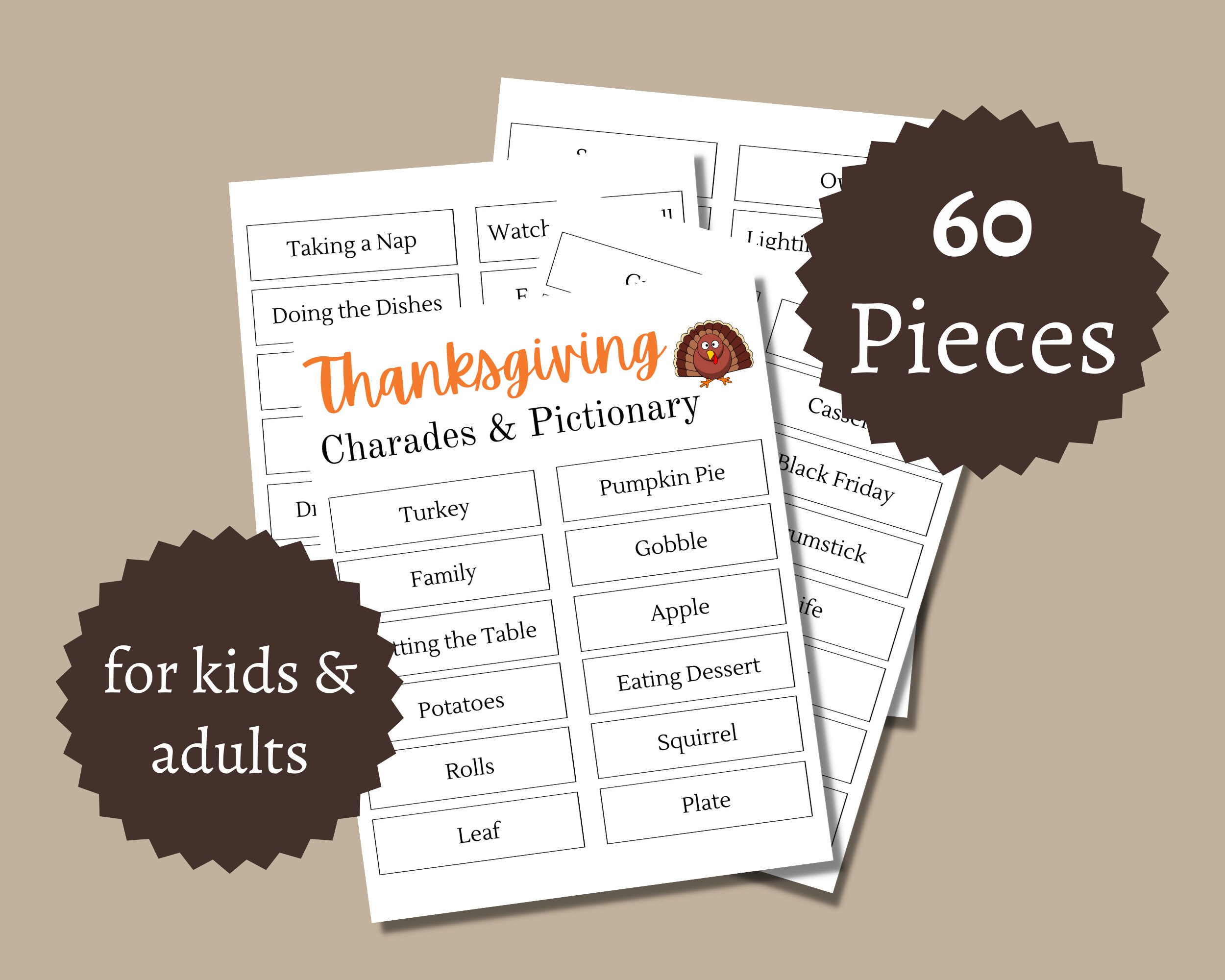 Thanksgiving Charades, Printable Fall Pictionary, Holiday Family Party ...