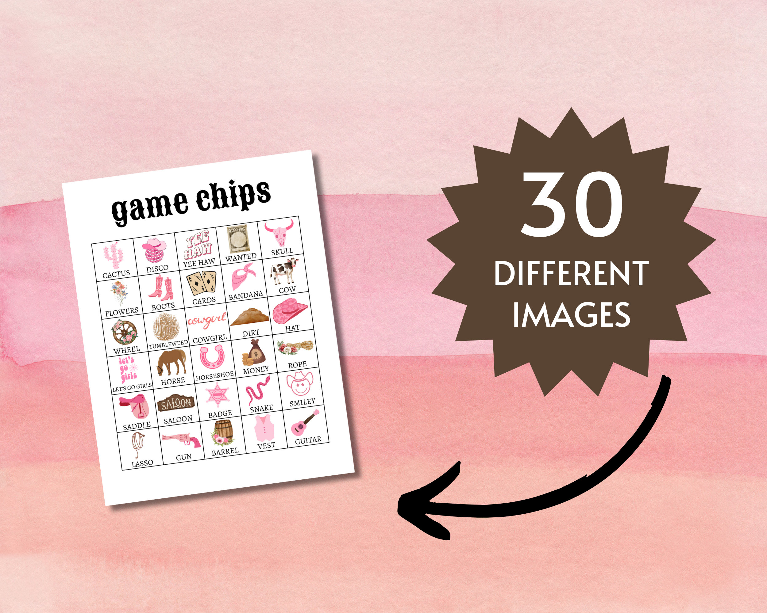 Pink Cowgirl Bingo Game Cards - 24 Player Set, For Slumber Parties ...