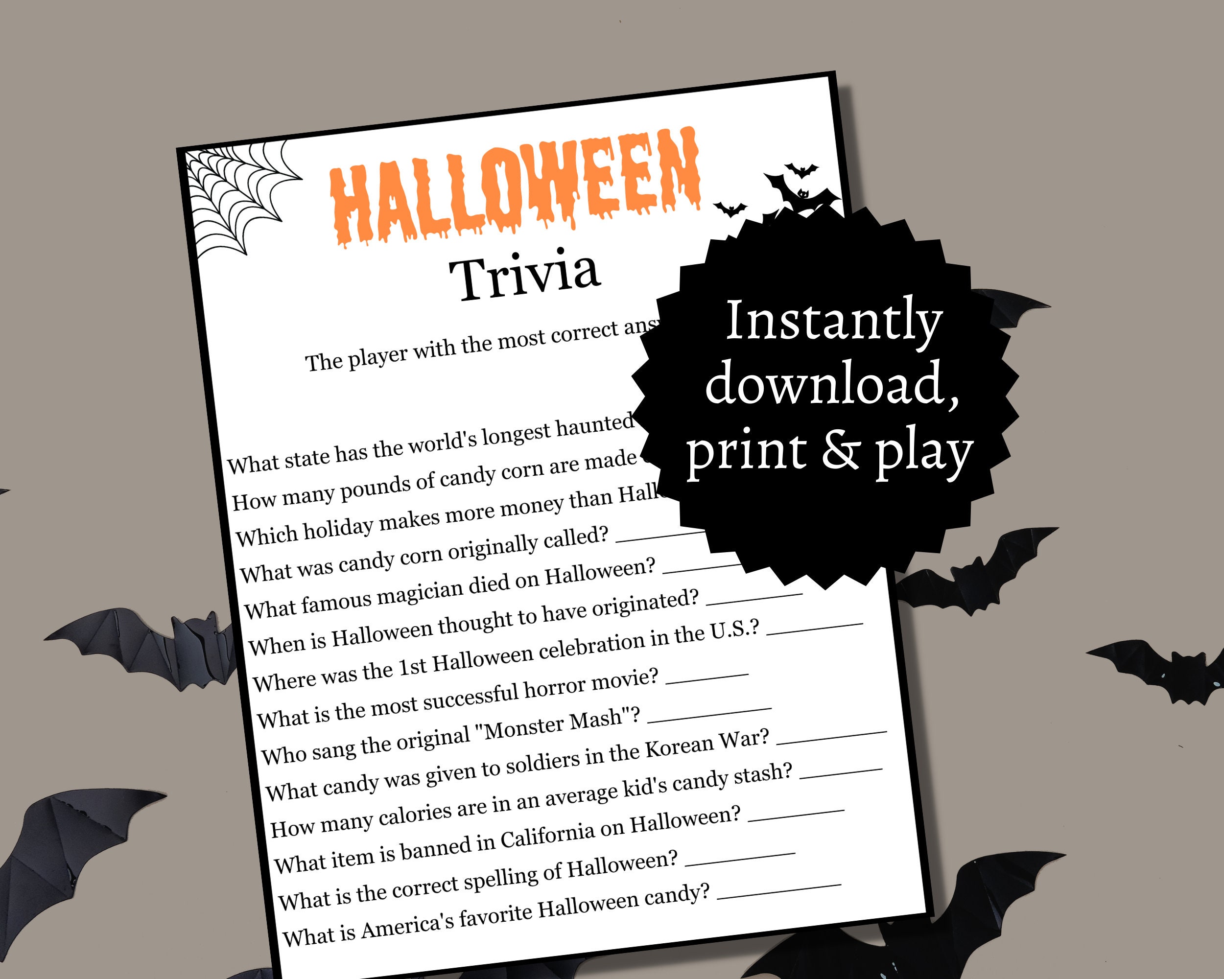 Halloween Trivia Game, Printable Halloween Trivia, Halloween Party Game ...