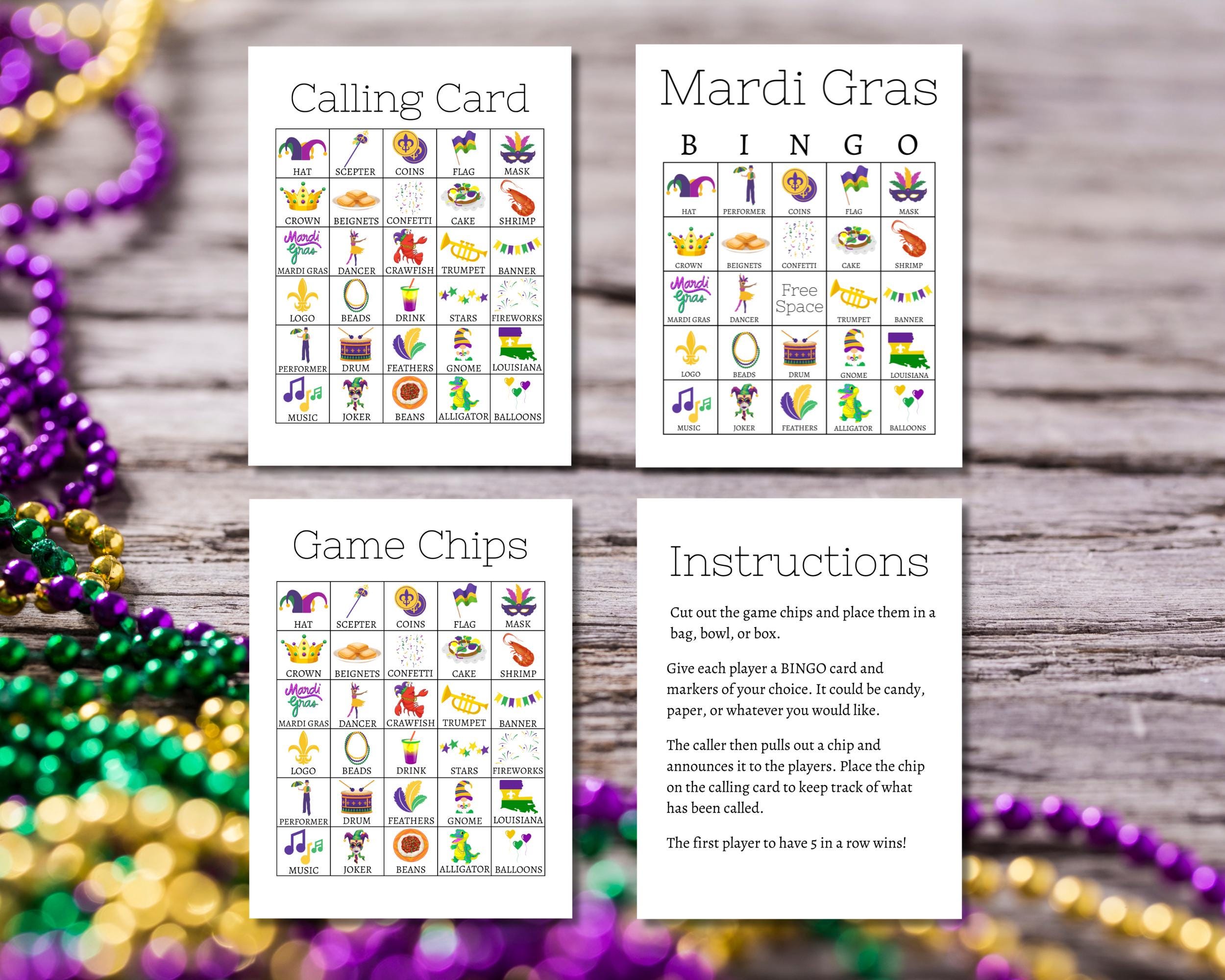 Mardi Gras Bingo Cards, Printable Mardi Gras Party Game for Kids and ...