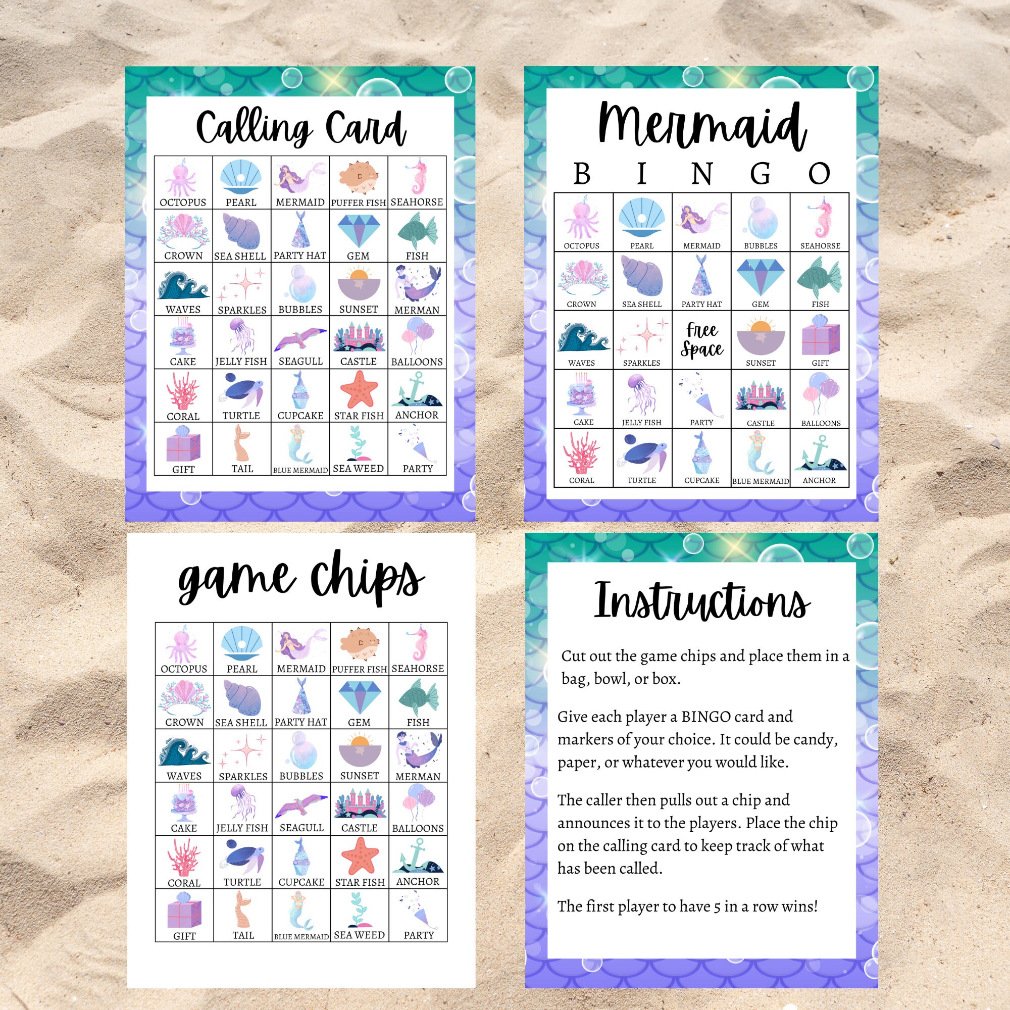 Mermaid Bingo Cards, Under the Sea Birthday Party Game for Kids, Ocean ...
